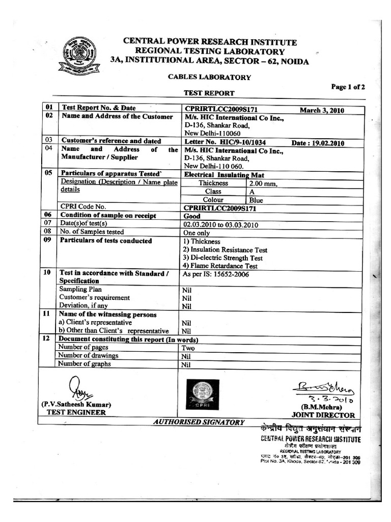 Cpri Noida Test Report Hic Electrical Insulation Mat PG 1 of 2 | PDF