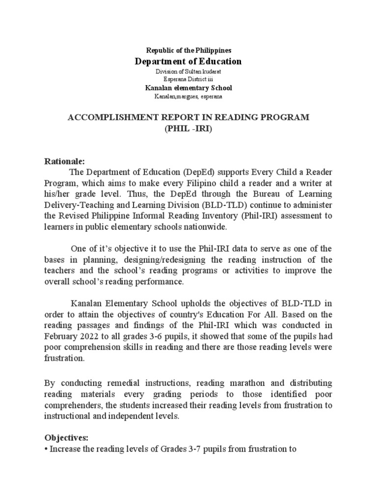 accomplishment report in reading | PDF | Reading Comprehension ...