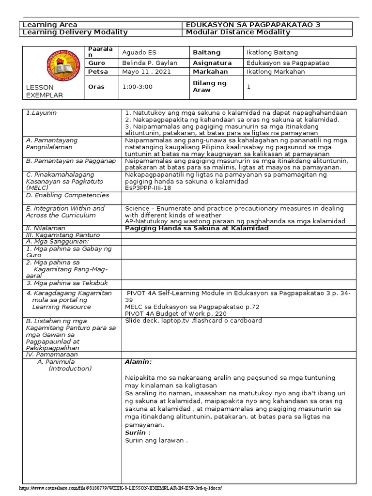 WEEK 8 LESSON EXEMPLAR IN ESP 3rd Q 1 | PDF