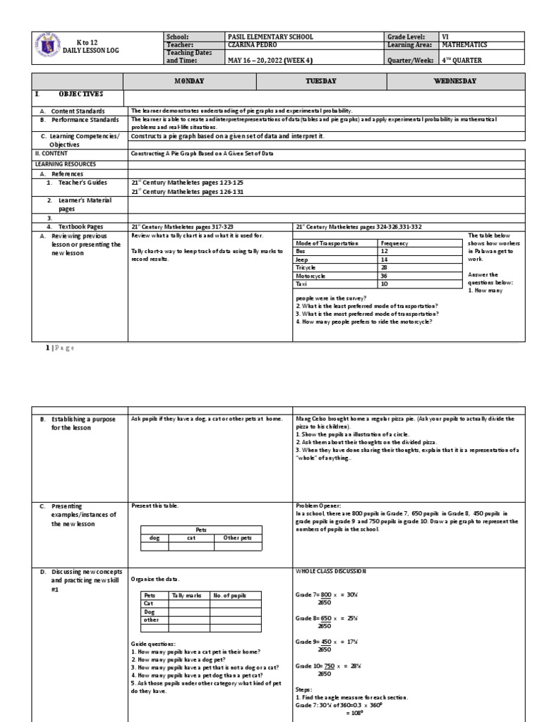 DLL - Mathematics 6 - Q4 - W5 | PDF | Learning | Pet