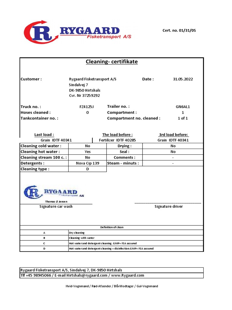 Cleaning-Certifikate: Customer: Date | PDF