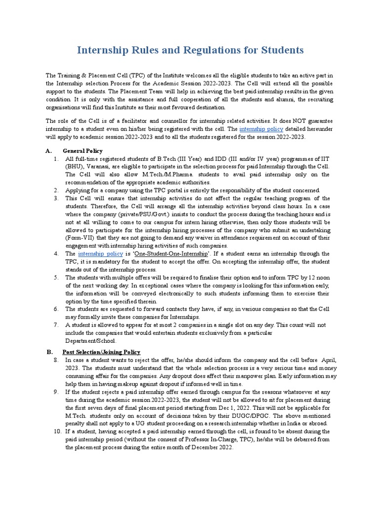 Internship Rules and Regulations For Students 2022-2023 | PDF ...