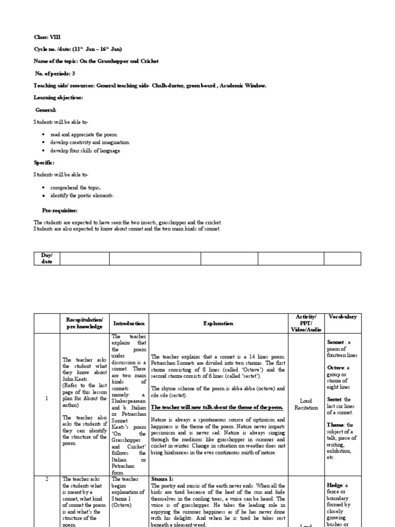 On The Grasshopper & Cricket 11th - 16th Jan (VIII) | PDF | John Keats ...