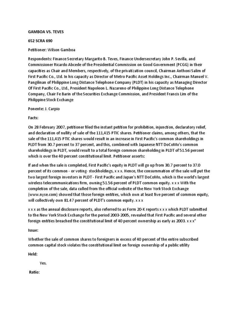 Gamboa Vs Teves Case Digest | PDF | Stocks | Ownership