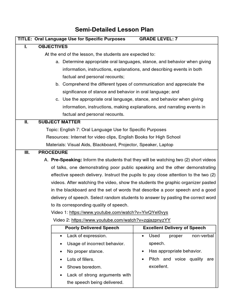 Semi-Detailed Lesson Plan For Oral Langauge Use For Specific Purposes ...