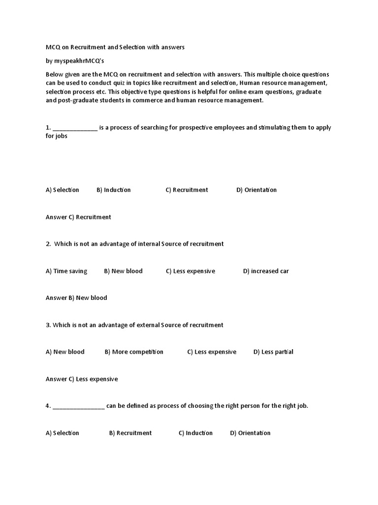Recruitment and Selection with answers | PDF | Recruitment | Learning