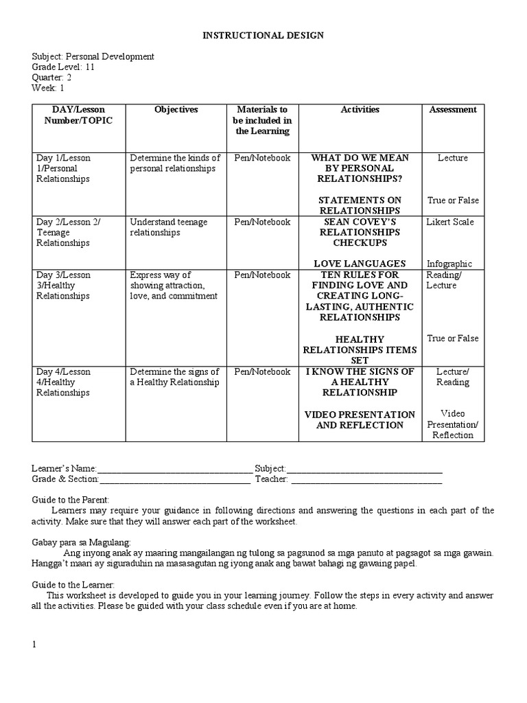 PerDev QUARTER 2 WEEK 1 | PDF | Friendship | Love
