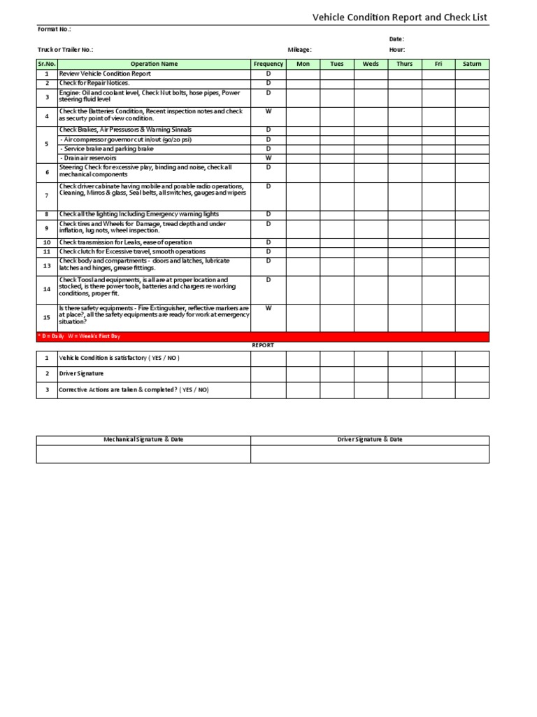 Vehicle Checklist Form | PDF | Vehicles | Steering