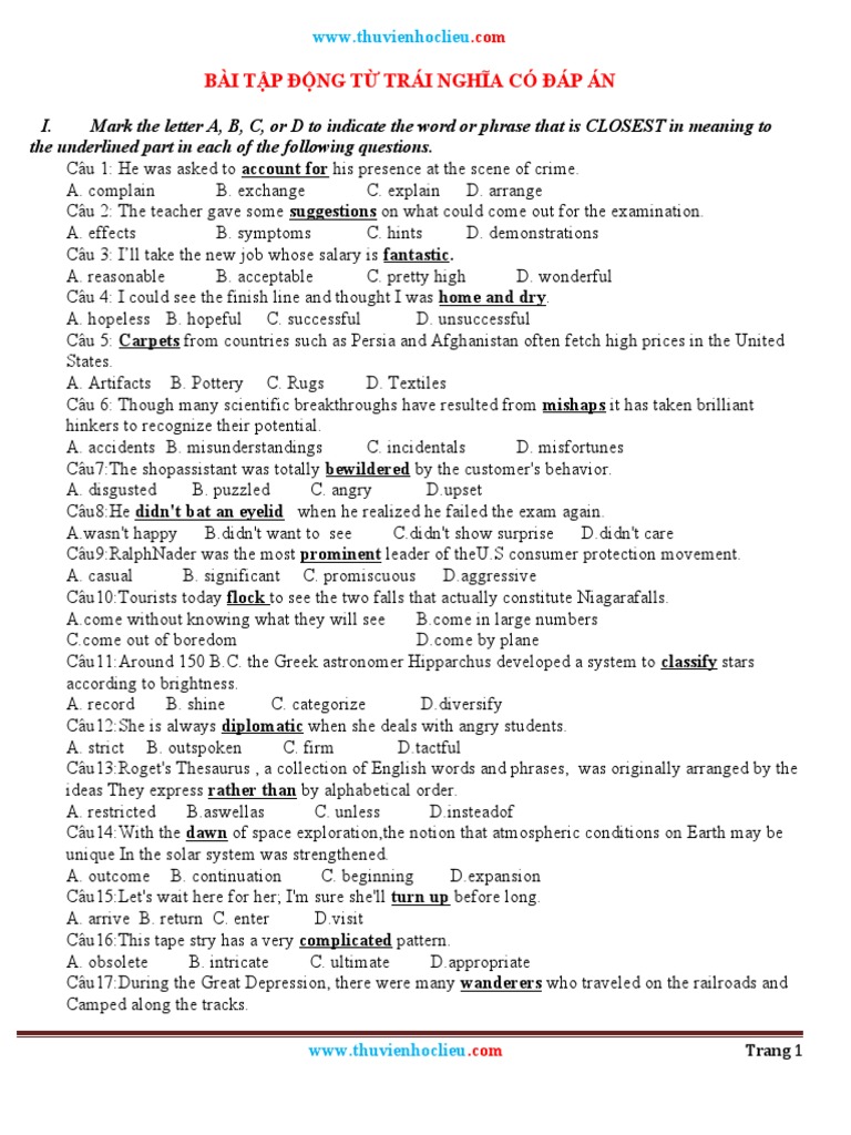 Opposites in Action: An Exercise in Identifying Antonyms with Answers | PDF