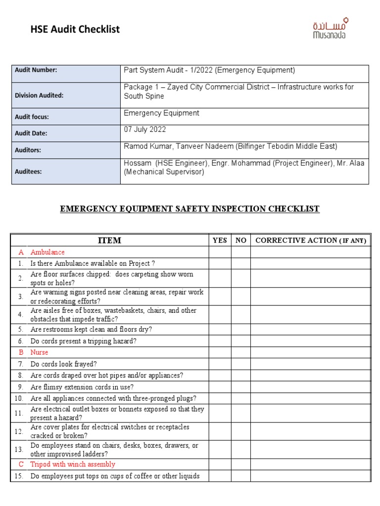 HSE Audit Checklist: Emergency Equipment Safety Inspection Checklist Item | PDF | Safety | Fires