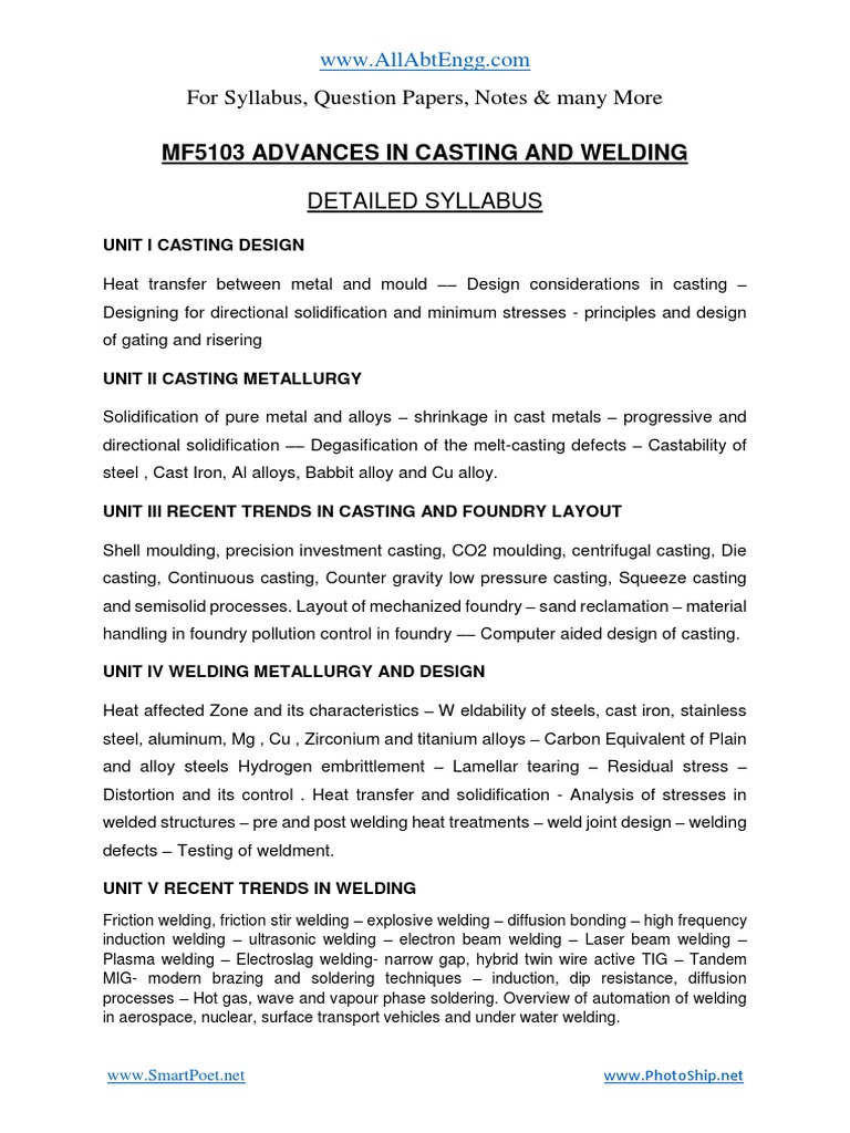 Mf5103 Advances in Casting and Welding: For Syllabus, Question Papers ...