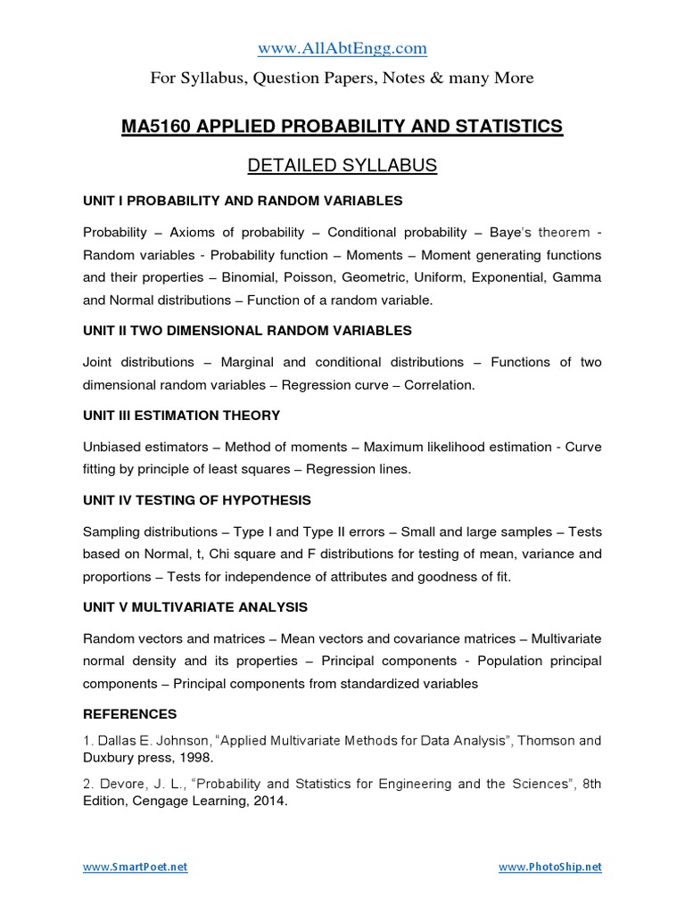 Ma5160 Applied Probability and Statistics: For Syllabus, Question ...