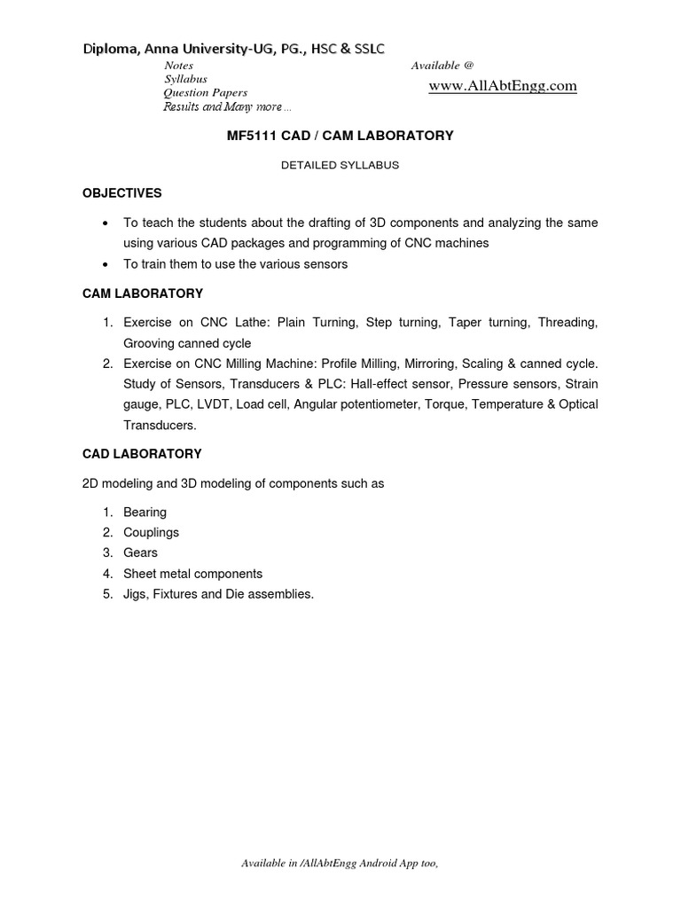 Diploma, Anna University-UG, PG., HSC & SSLC: Mf5111 Cad / Cam Laboratory | PDF