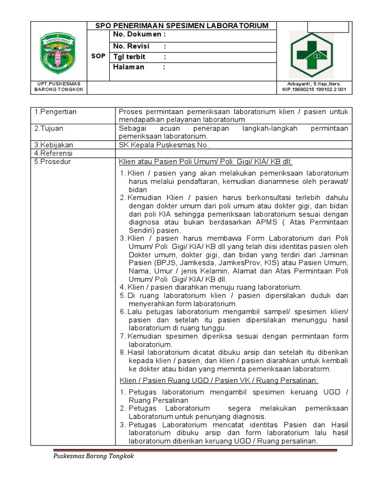Sop 2 Penerimaan Spesimen | PDF