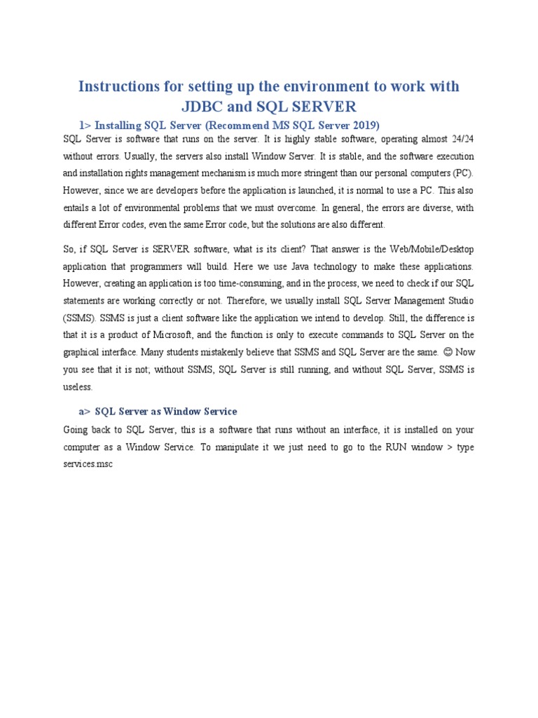 Instructions To Install The Environment For JDBC | Download Free PDF | Microsoft Sql Server ...