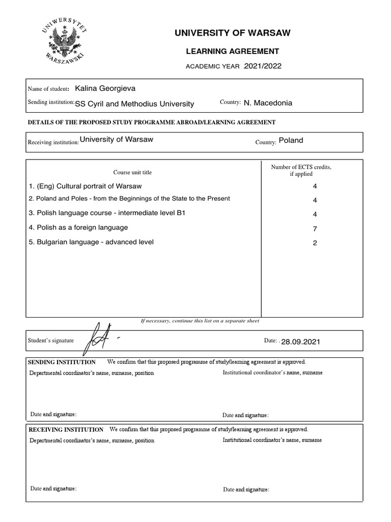 Learning Agreement Form | PDF