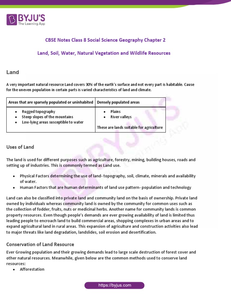 CBSE Notes Class 8 Social Science Geography Chapter 2 Land Soil Water ...
