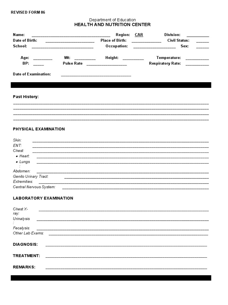 Revised Form 86: Health Examination Report | PDF | Physical Examination ...