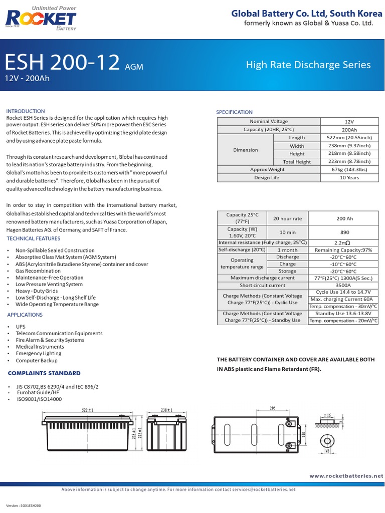 Rocket Battery ESH 200-12-12V 200ah AGM | PDF | Energy Storage ...
