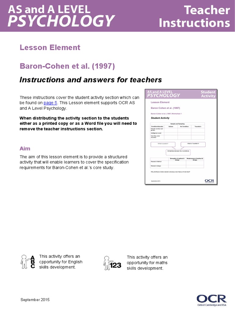 Lesson Element Baron-Cohen Et Al. (1997) : Instructions and Answers For ...