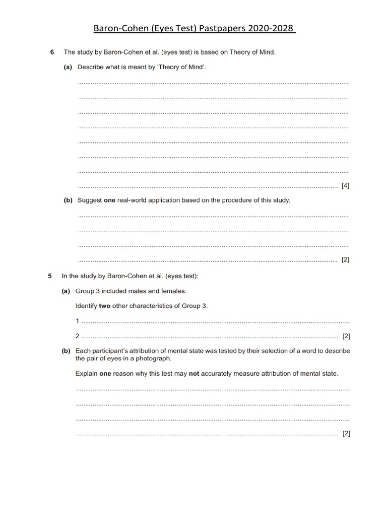 Baron-Cohen (Eyes Test) Pastpapers 2020-2028 | PDF