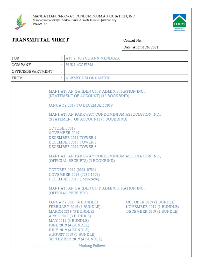 Transmittal Sheet | PDF