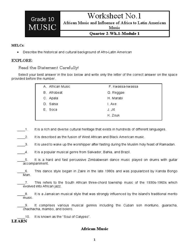 q2 Wk1 Worksheet1 Music10 2 | PDF | Reggae | Dances
