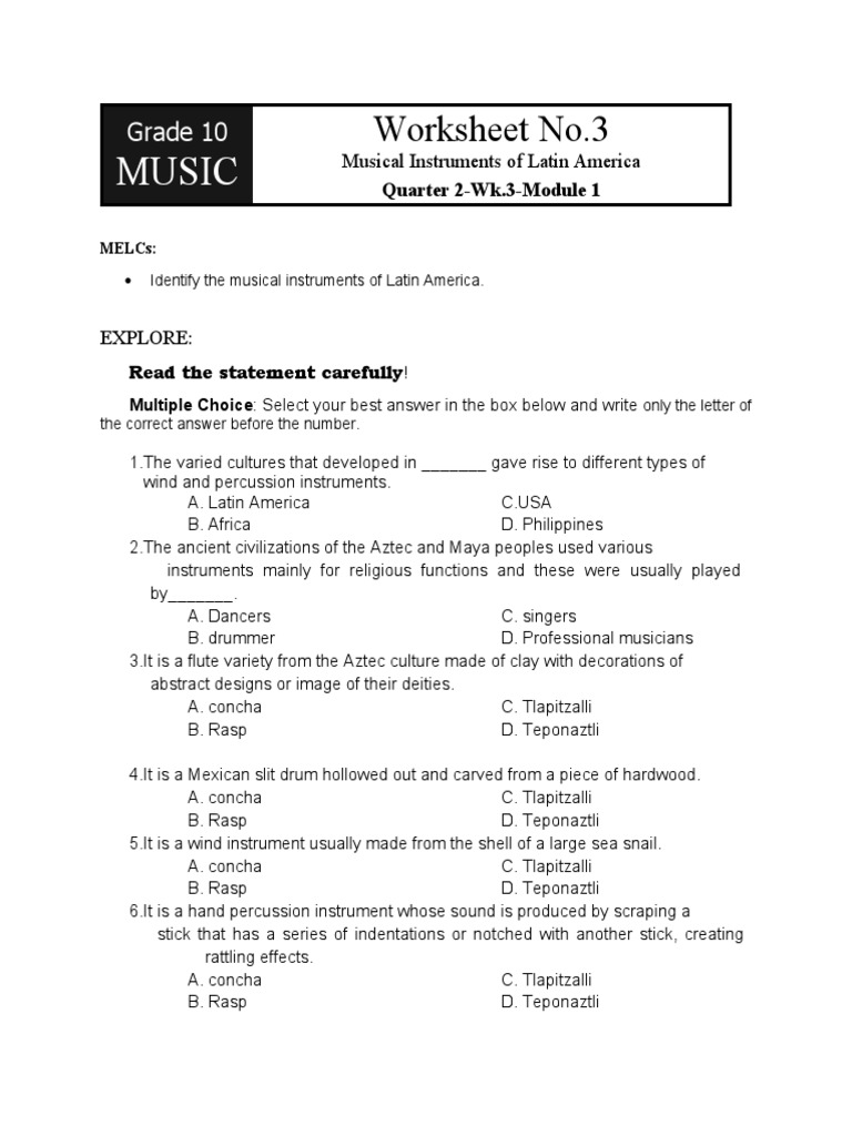 Q2 Wk3 Worksheet3 MUSIC10 | PDF | Musical Instruments | Music Technology