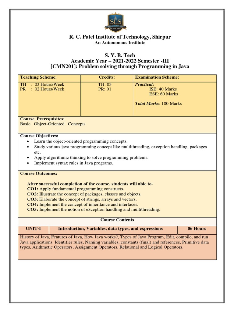 Java Minor Course-Syllabus | PDF | Class (Computer Programming) | Method (Computer Programming)