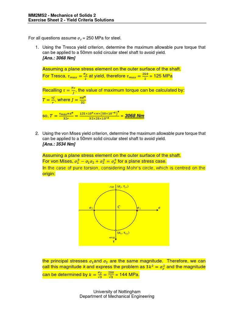 Yield Criteria Exercise Sheet Solutions | PDF | Stress (Mechanics ...