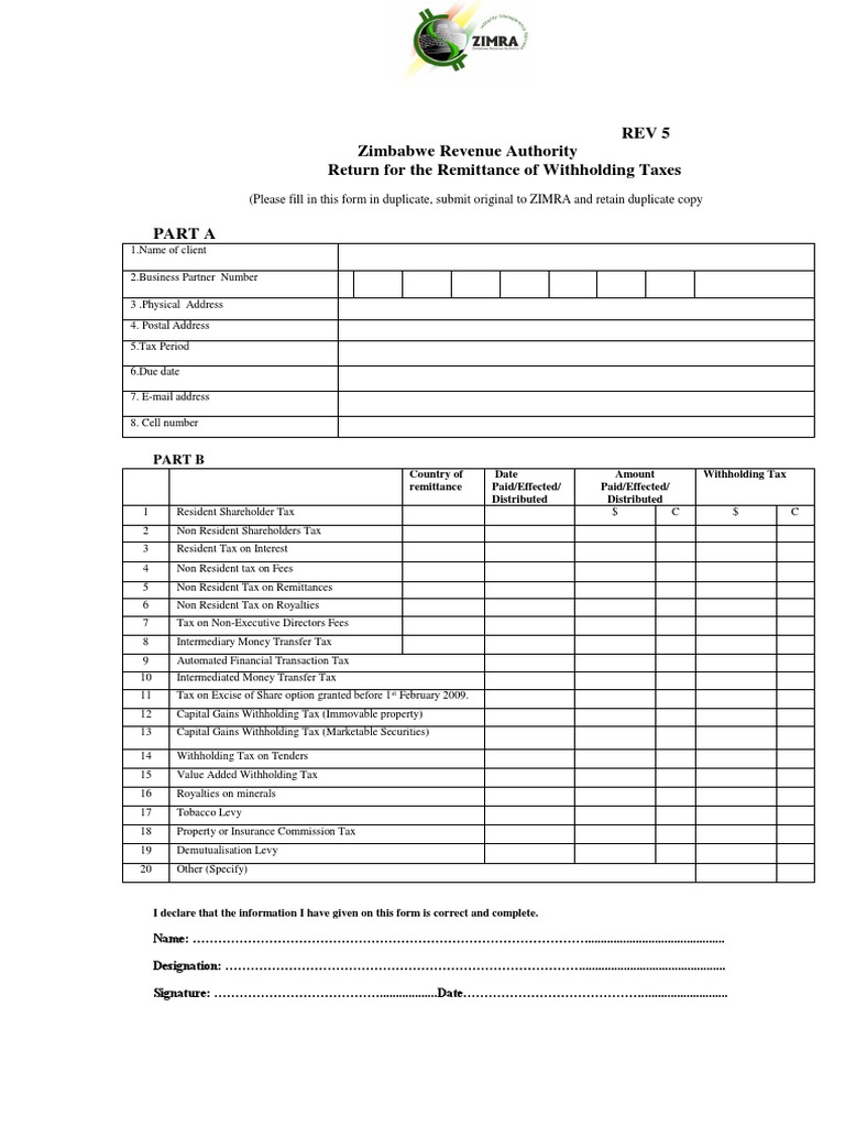 Rev 5 Zimbabwe Revenue Authority Return For The Remittance of ...
