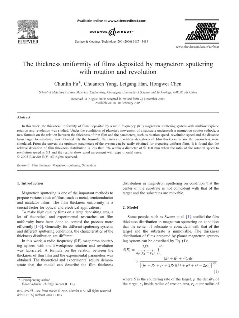 The Thickness Uniformity of Films Deposited by Magnetron Sputtering ...
