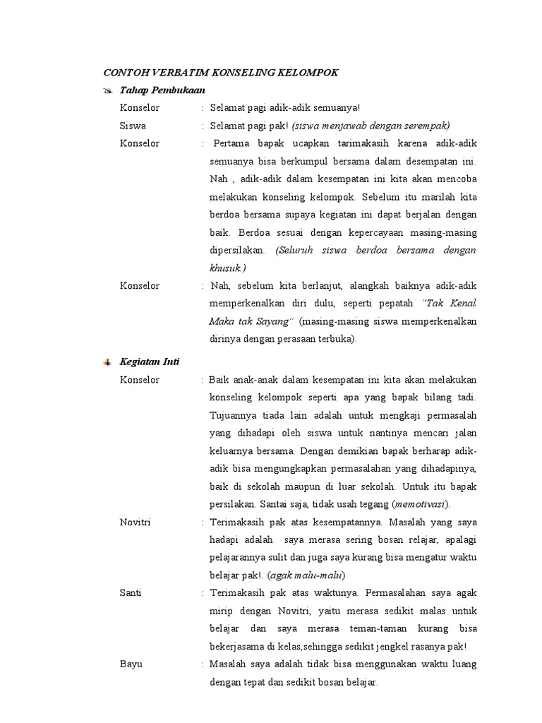 Contoh Verbatim Konseling Kelompok | PDF | Karier & Perkembangan ...