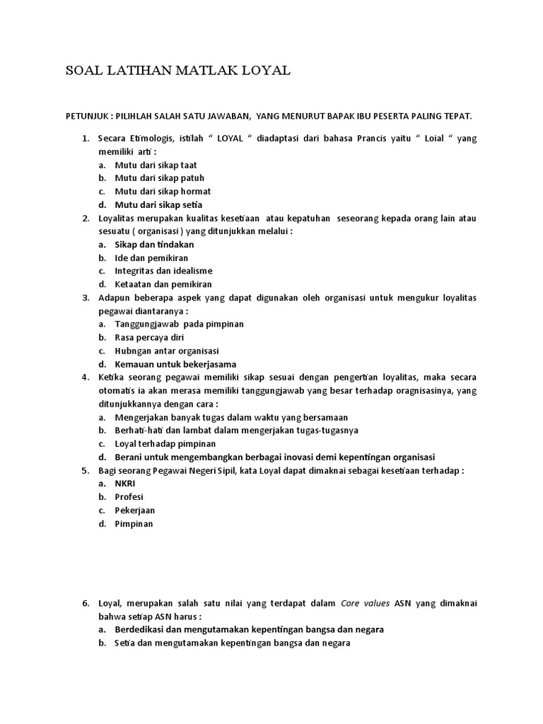 Soal Latihan Mata Pelatihan Loyal | PDF