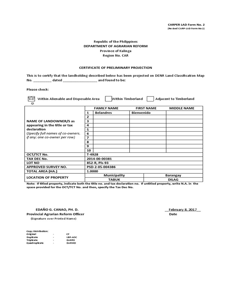 CARPER LAD Form No. 2 Certificate of Preliminary Projection | PDF