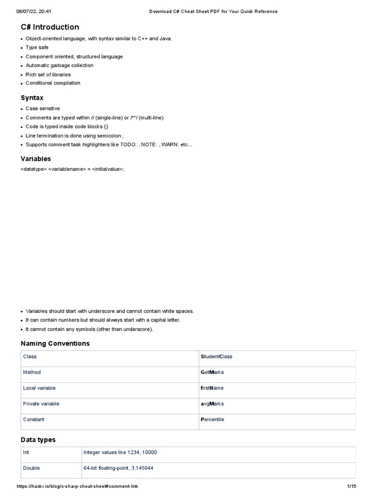 C# Cheat Sheet | Download Free PDF | Array Data Structure | Class ...