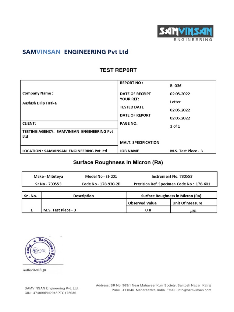 SamVinsan Surface Roughness Testing Report 3 | PDF