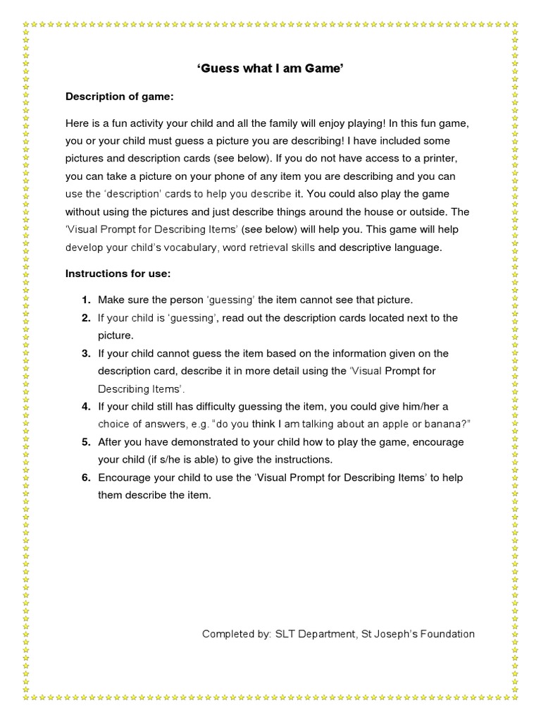 Guess What I Am Game (SLT Department) | PDF | Cognitive Science | Foods