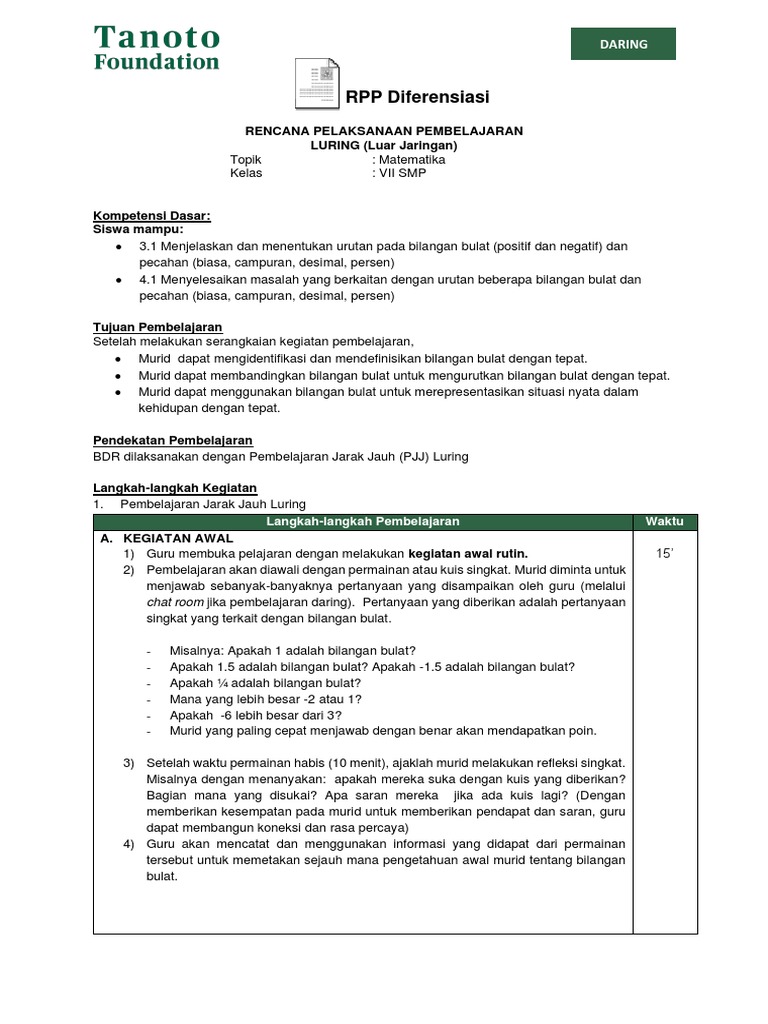 Contoh RPP Diferensiasi Luring POP | PDF