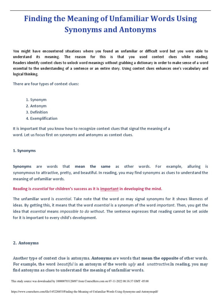 Finding The Meaning of Unfamiliar Words Using Synonyms and Antonyms | PDF | Word | Definition