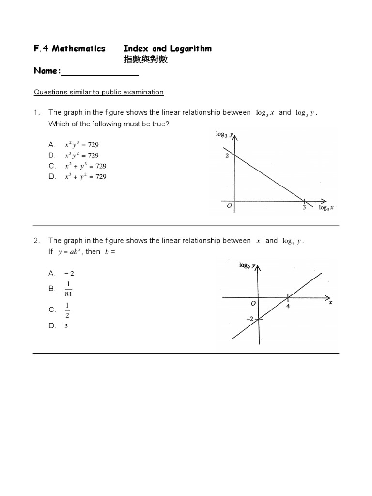 DSE Mathematics Index and Log Extra Exercise | PDF | Logarithm ...