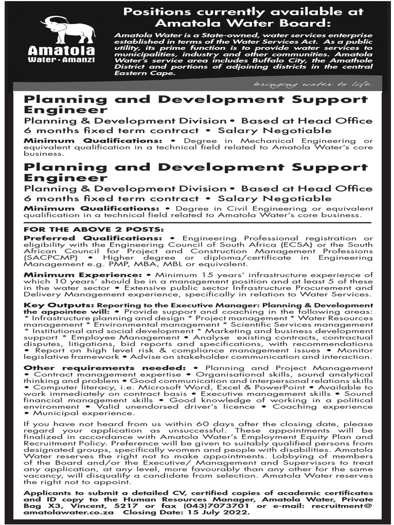 Positions Currently Available at Amatola Water Board | PDF ...