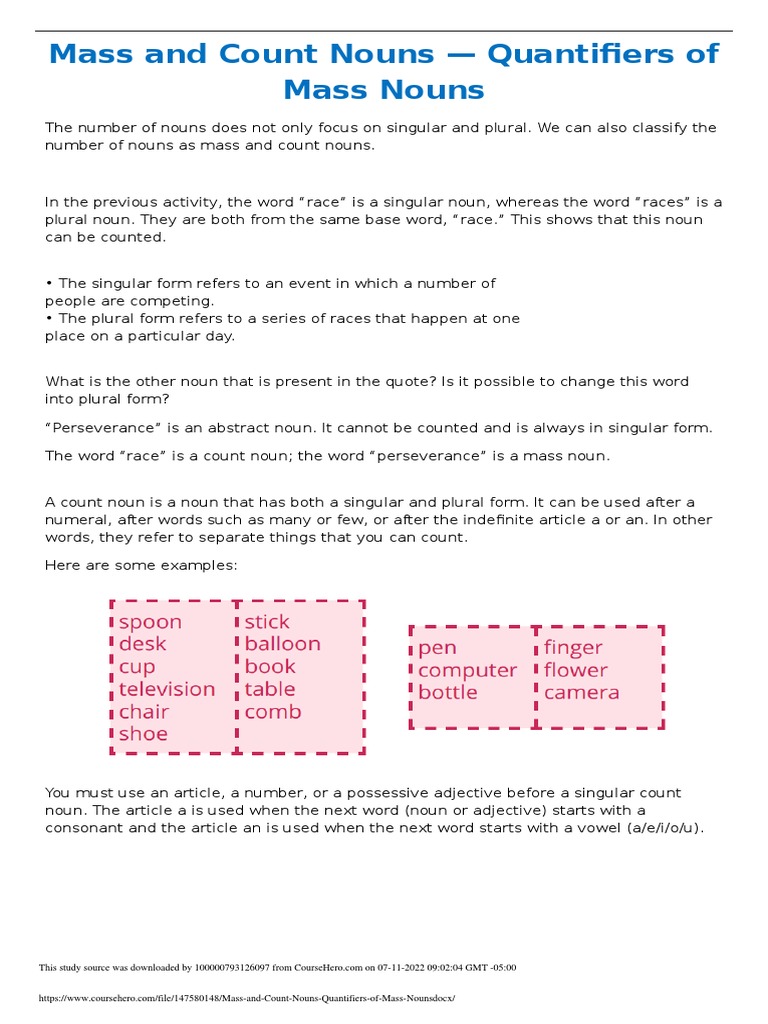 Mass and Count Nouns - Quantifiers of Mass Nouns | PDF | Noun ...