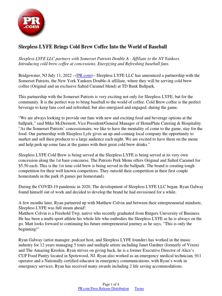 Sleepless LYFE Brings Cold Brew Coffee Into The World of Baseball | PDF ...