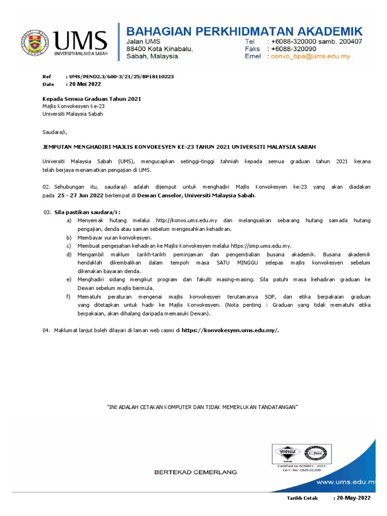 Surat Jemputan Konvo UMS | PDF