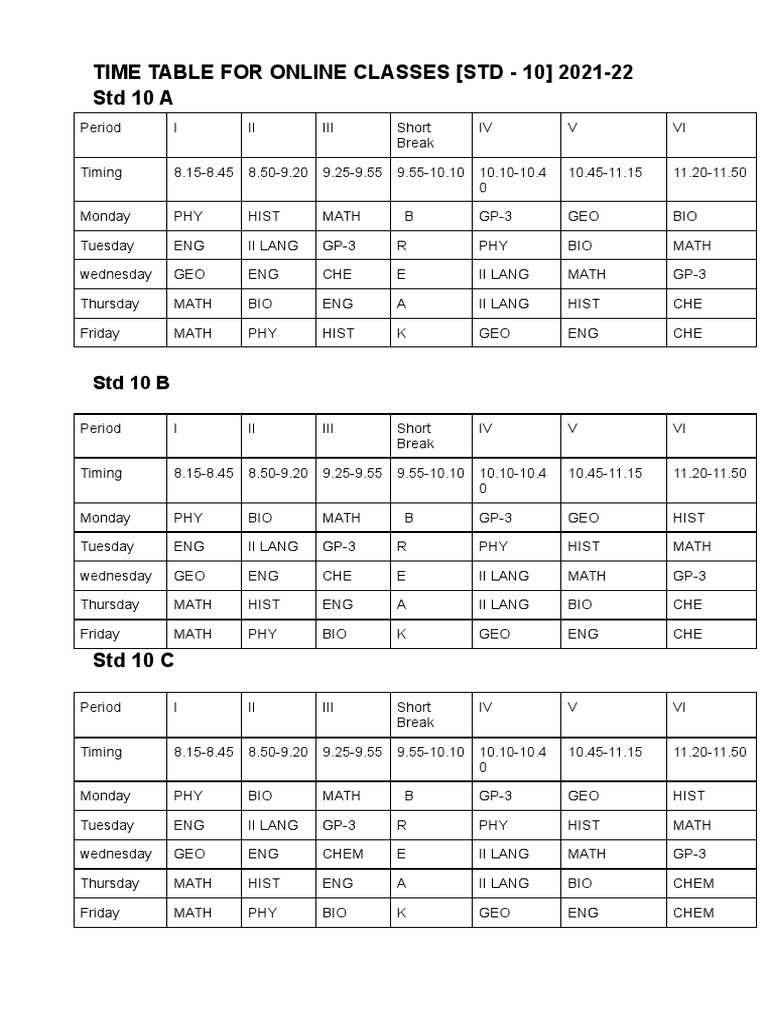 Time Table For Online Classes - STD - 8, 9, 10 - 2021-22 | PDF