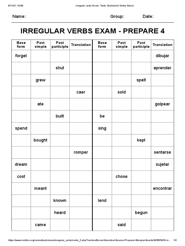 Irregular Verbs Exam. Tests. BE-SPEND | PDF | Grammar | Linguistic Typology