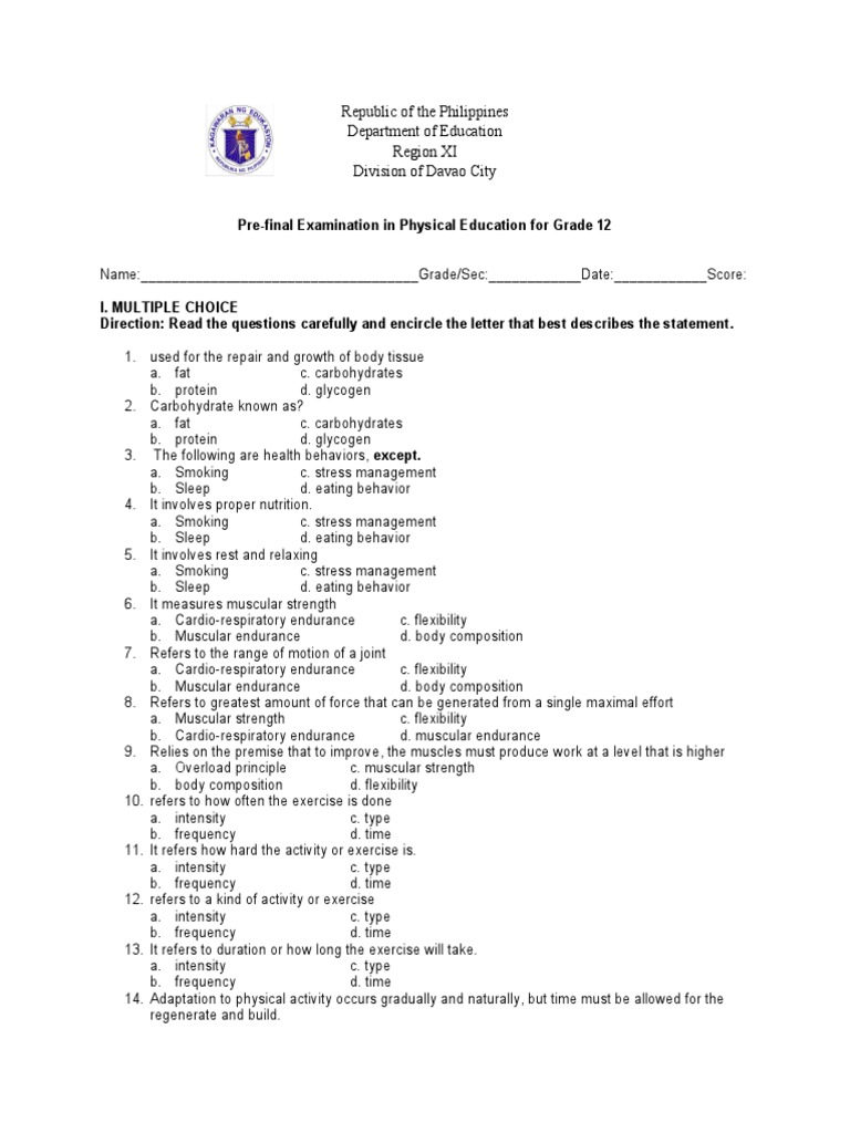 Pre-Final Examination in Physical Education For Grade 12 | PDF ...