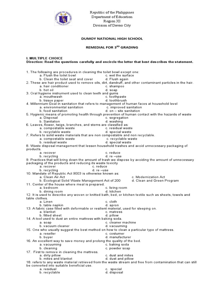 Dumoy National High School Remedial For 3 Grading | PDF | Hygiene ...