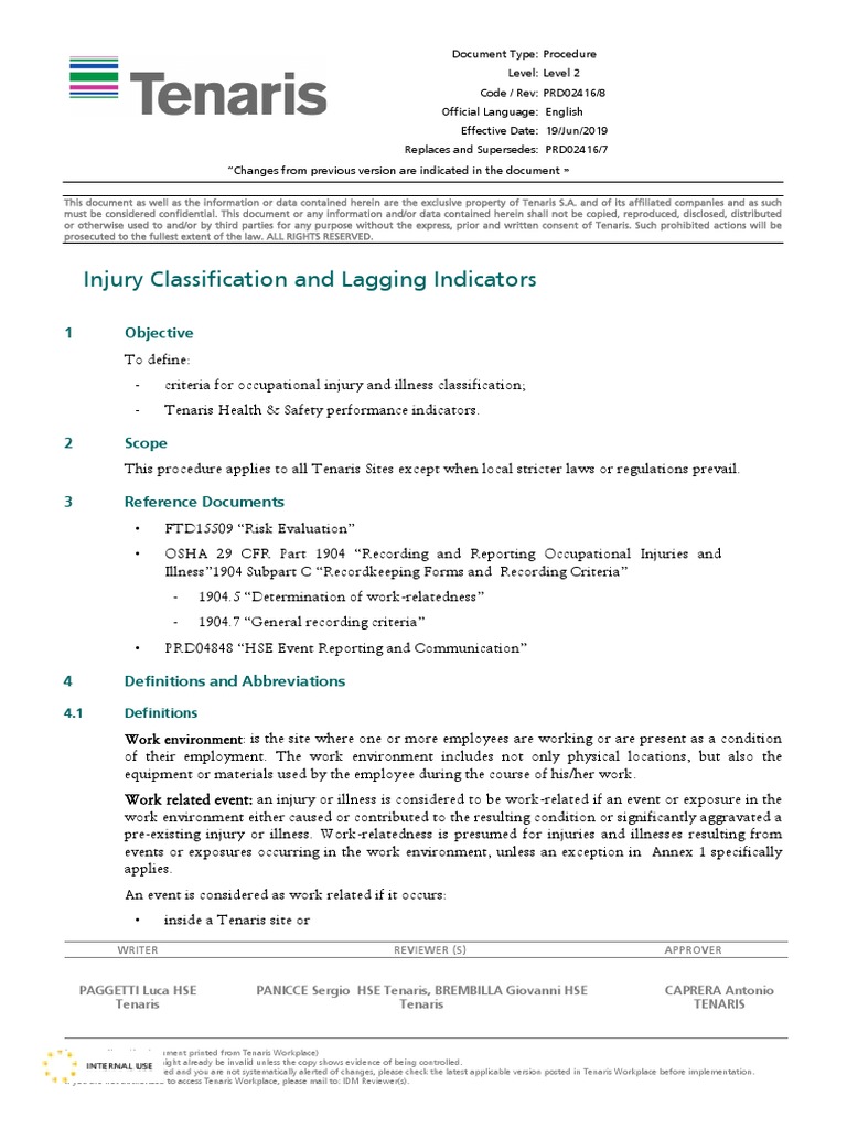 Injury Classification and Lagging Indicators Siderca | PDF ...